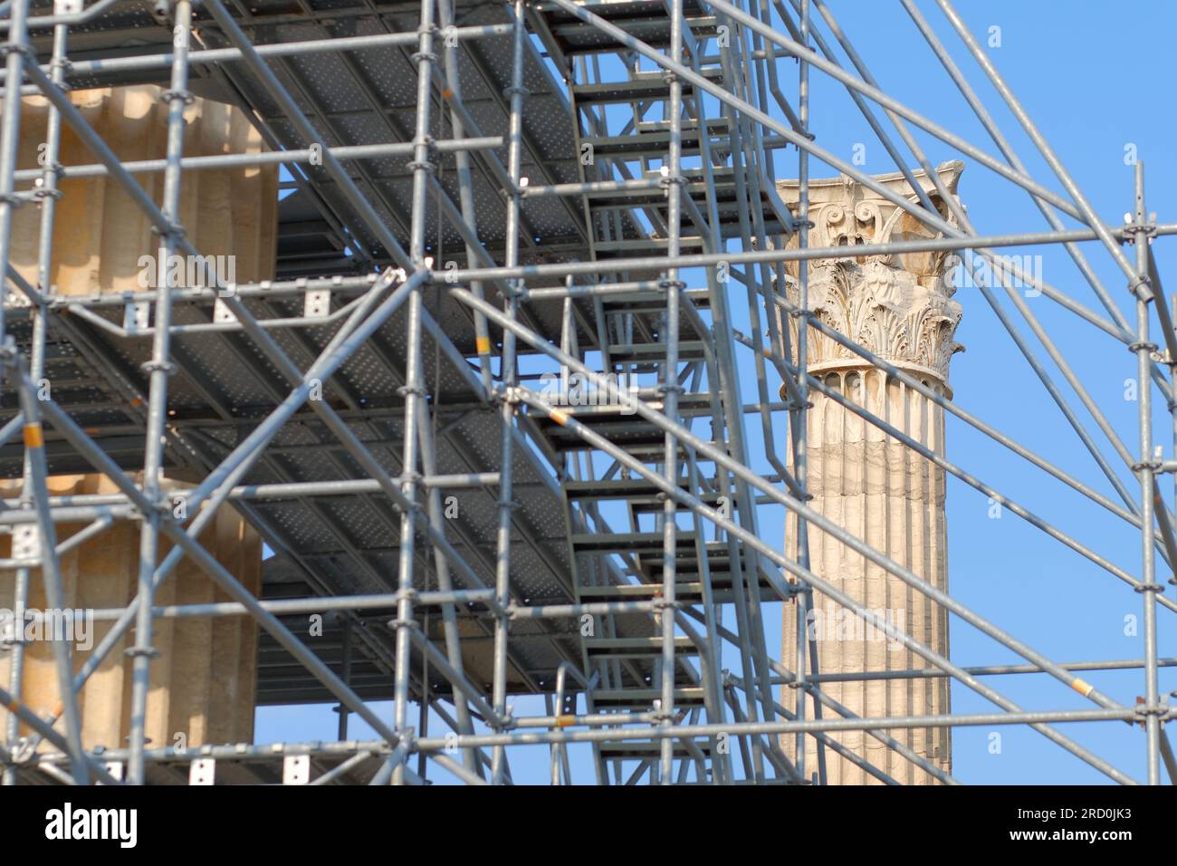 scaffold built between ancient reconstruction columns in Athens Greece ...