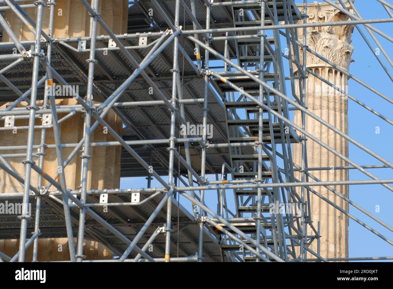 scaffold built between ancient reconstruction columns in Athens Greece ...
