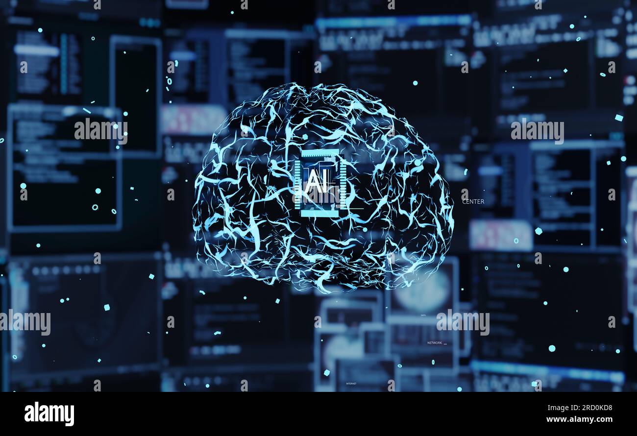 Visualization of artificial intelligence system mimicking human brain functioning. Ai using ...