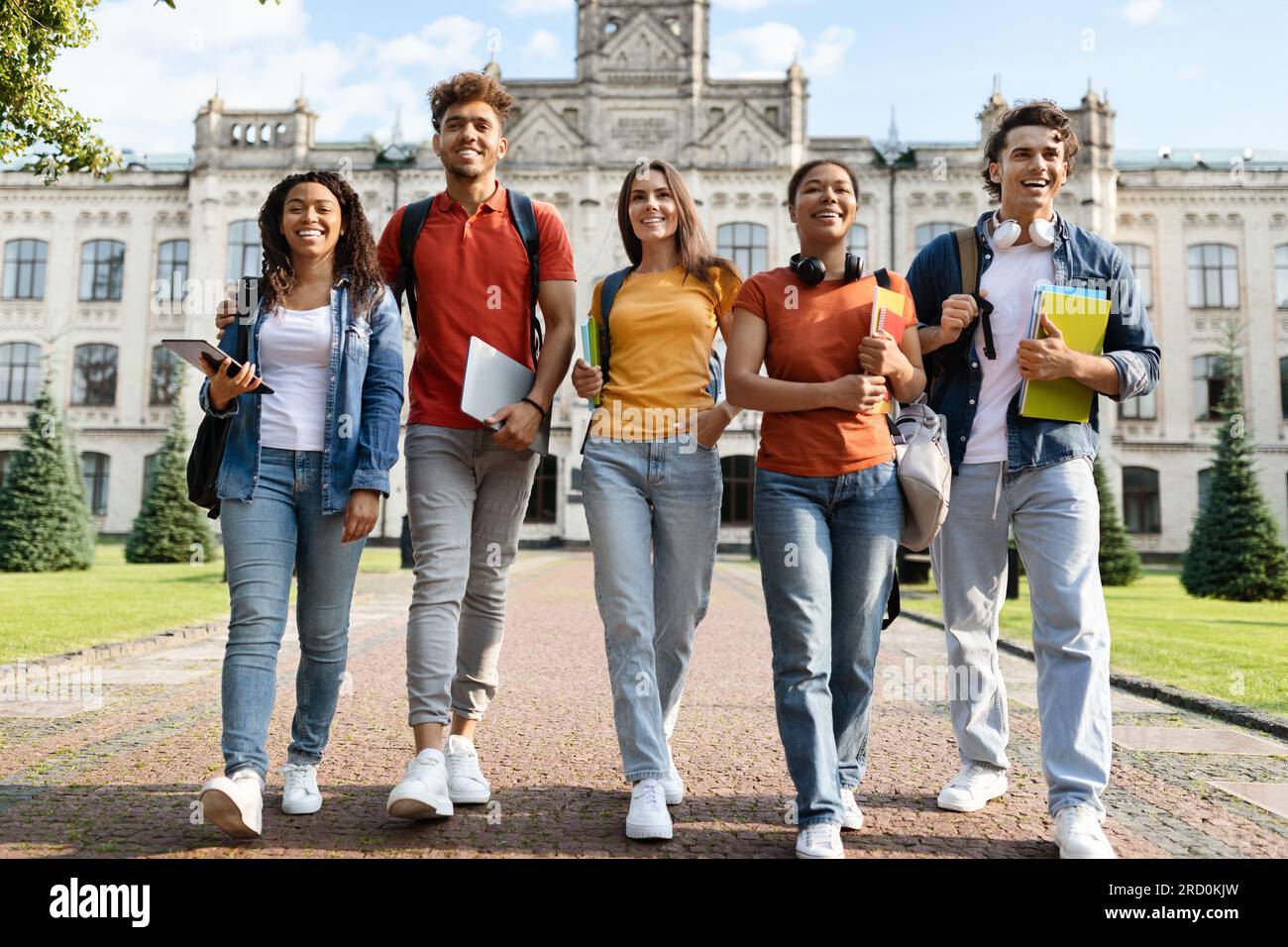 University Students Life. Group Of Multiethnic Young People Walking ...