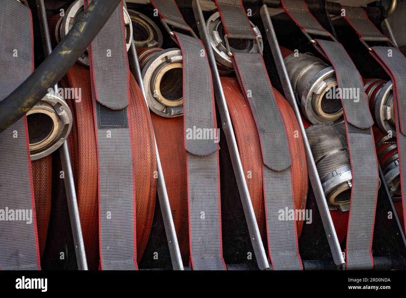 Fire engine equipment from the inside - fire hose hoses ready for use ...
