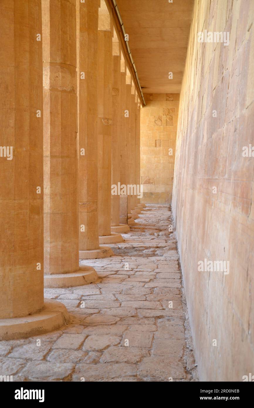 Round large columns along the wall in an ancient Egyptian temple ...