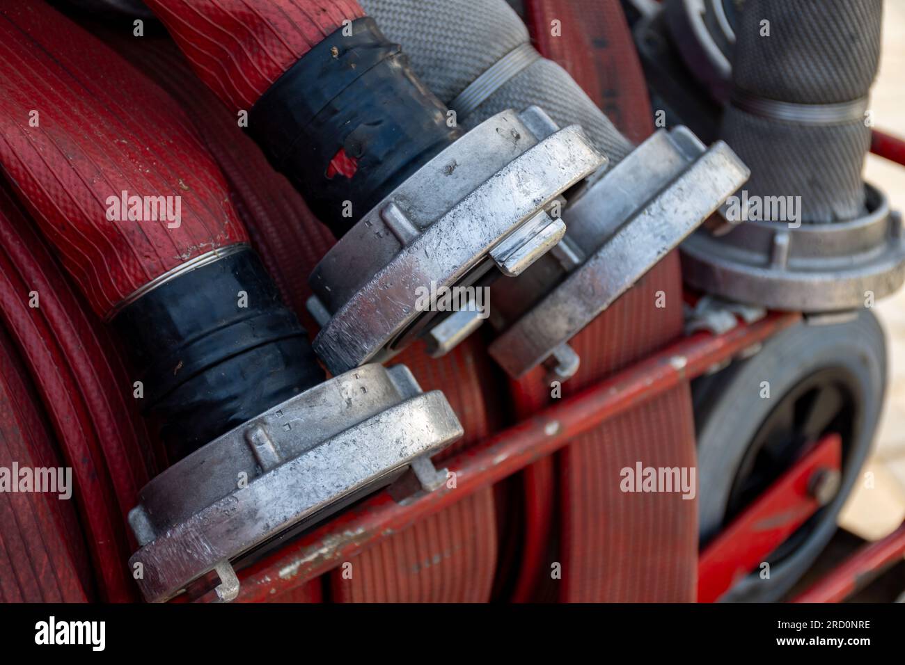 Fire engine equipment from the inside - fire hose hoses ready for use ...