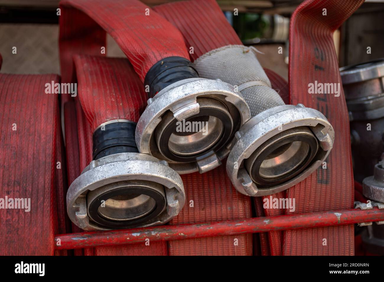Fire engine equipment from the inside - fire hose hoses ready for use ...