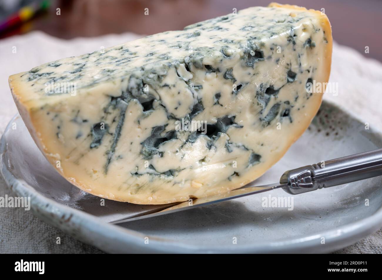 Cheese collection, piece of French blue cheese auvergne or fourme d ...