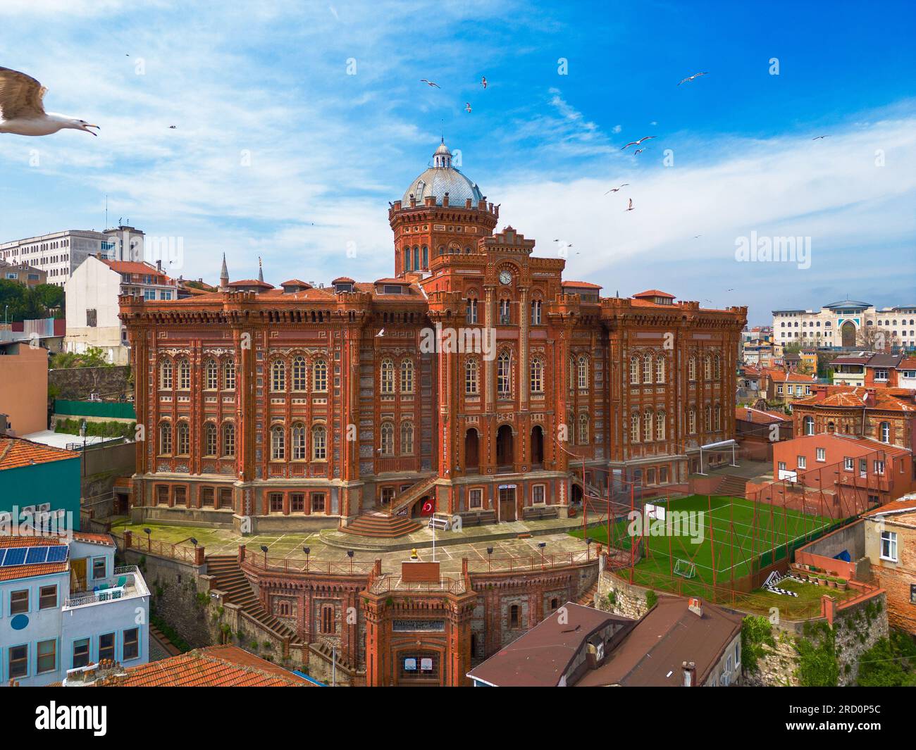 Balat district street view in Istanbul. Dome of Fener Greek Orthodox ...