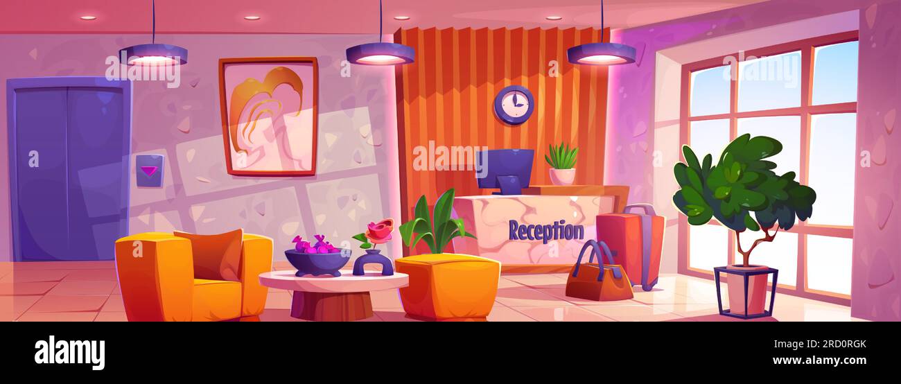 Cartoon hotel lobby interior design. Vector illustration of spacious ...
