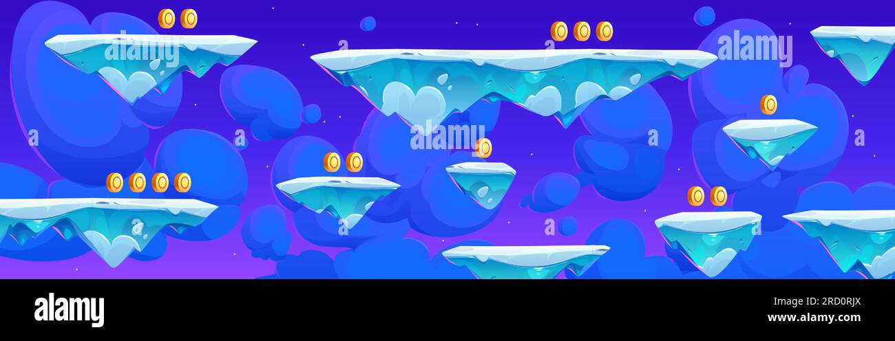 Winter game islands with golden coins flying on blue background. Vector ...