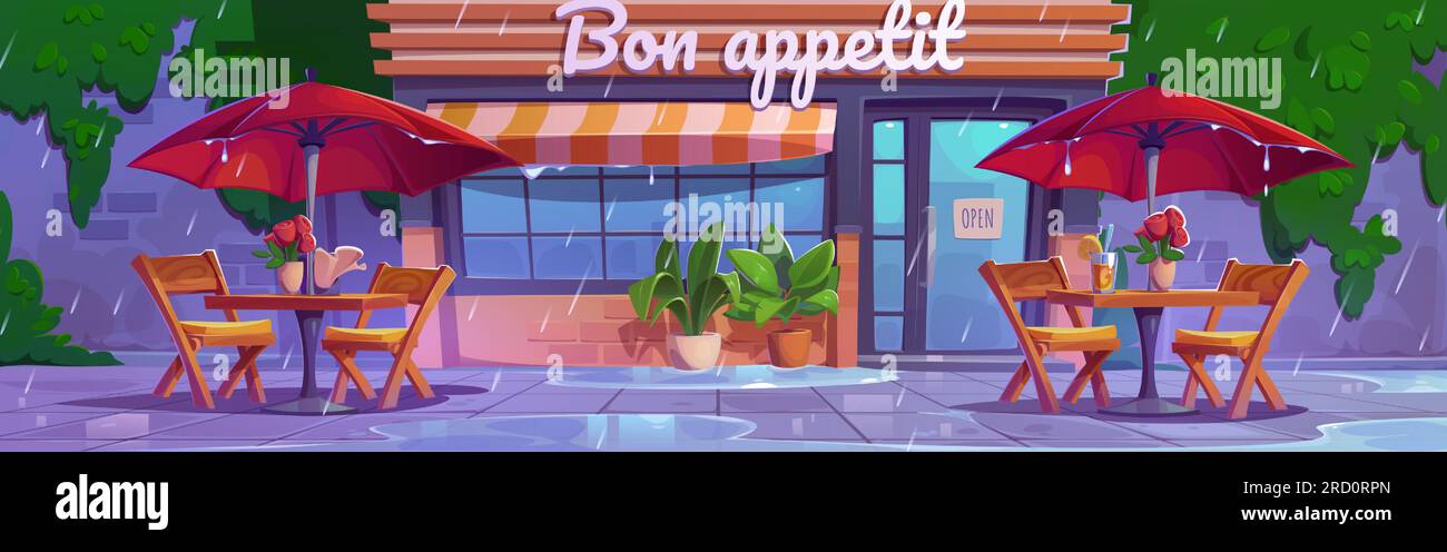 City street cafe on rainy day. Vector cartoon illustration of cafeteria ...