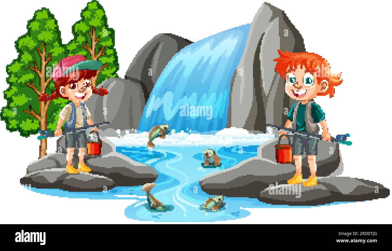 Two Kids in Waterfall Scene illustration Stock Vector Image & Art - Alamy