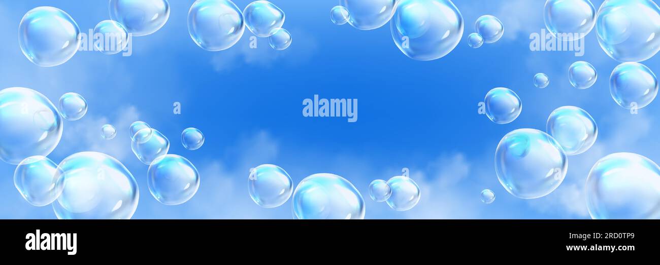 Light soap bubbles flying in blue sky. Abstract background with ...