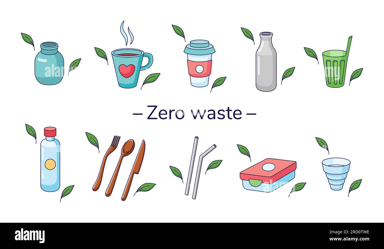 Set of eco friendly tableware items - glass jar, reusable coffee cup ...