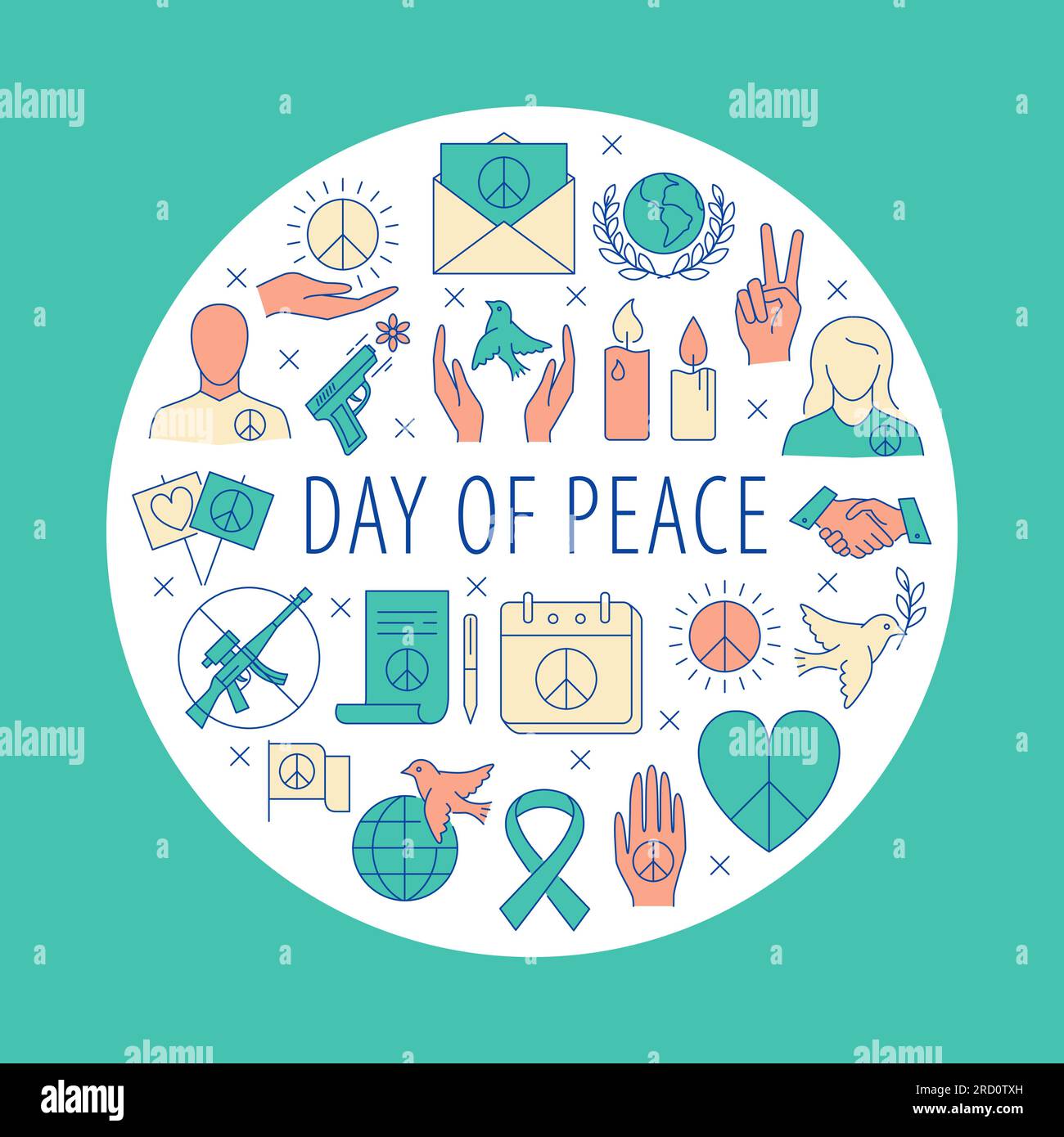 Day of peace round poster in line style. Pacifism symbols. Vector ...