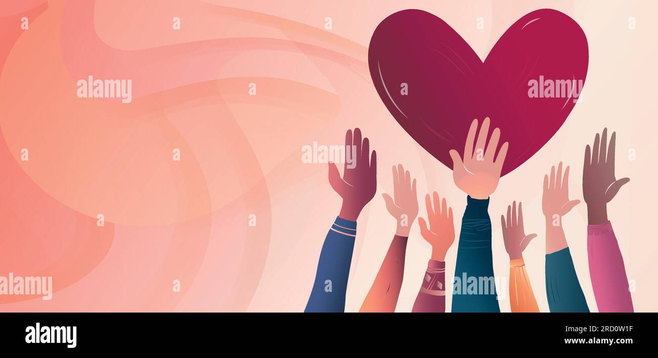 Banner with volunteer people with raised hands and background with red ...
