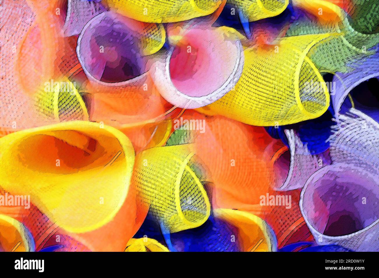 Abstract image of colorful rolls of craft netting lays in a bunch ...
