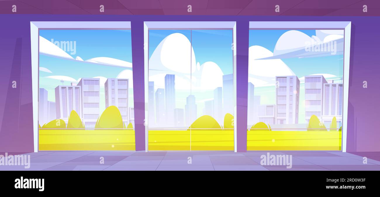 Empty room interior with large windows. Vector cartoon illustration of ...