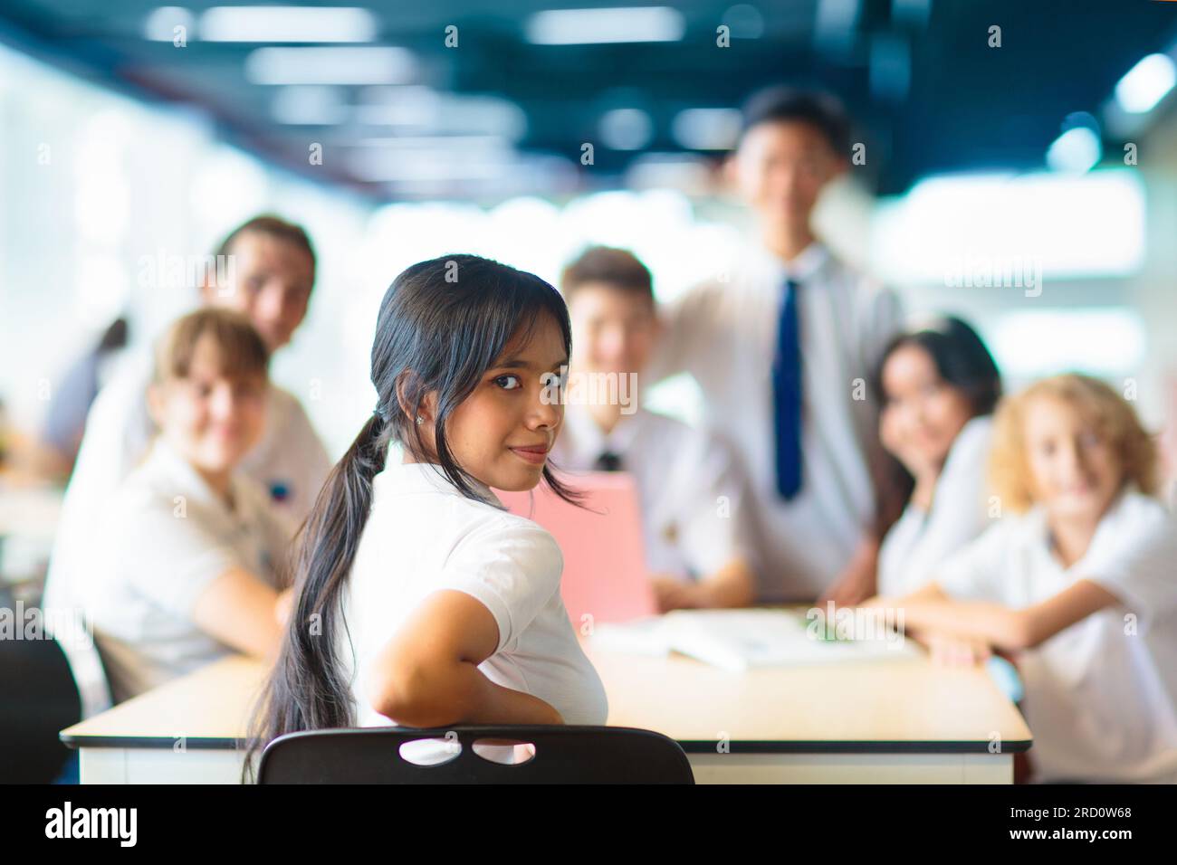 Kids go back to school. Interracial group of children of mixed age on ...