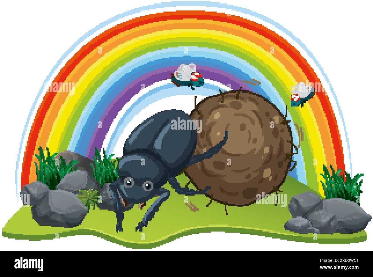 Dung Beetle and the Flies in Cartoon Style illustration Stock Vector ...