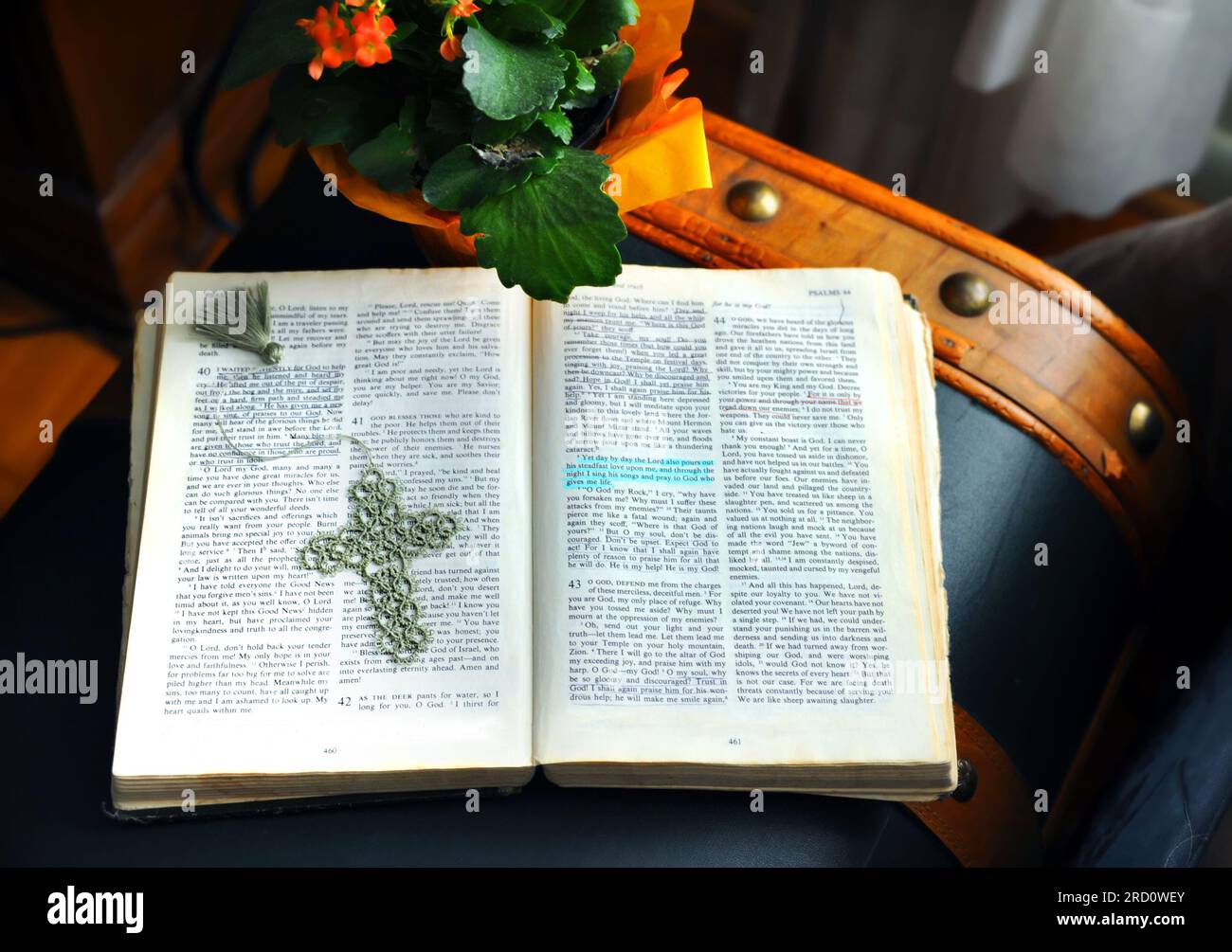 Bible lays across an old trunk. Hand crocheted cross book mark lays on ... Bible lays across an old trunk. Hand crocheted cross book mark lays on ...
