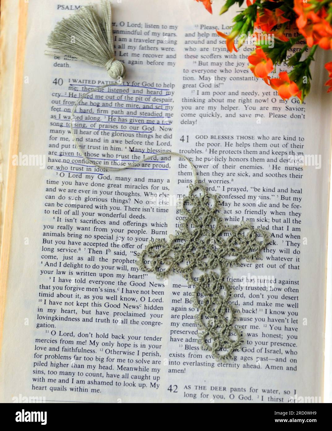 Hand crocheted bookmark lays across the Bible. Page is opened to ...