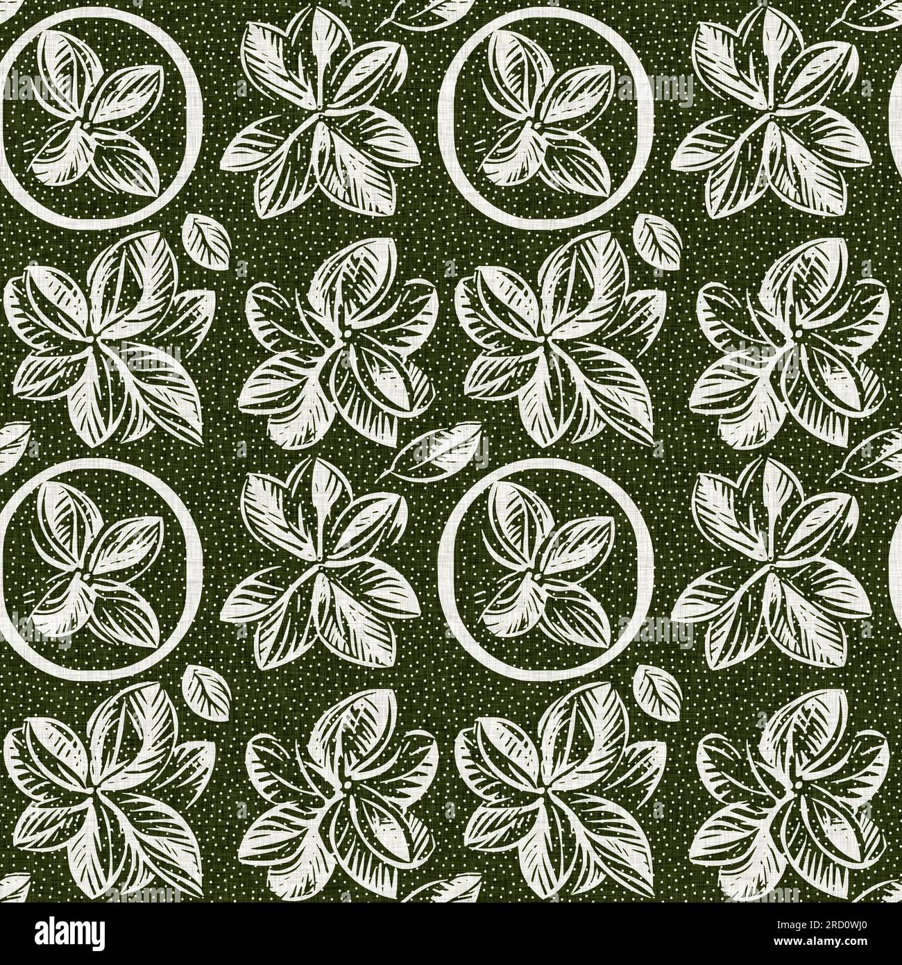 Forest green country floral blockprint linen seamless pattern. Allover ...