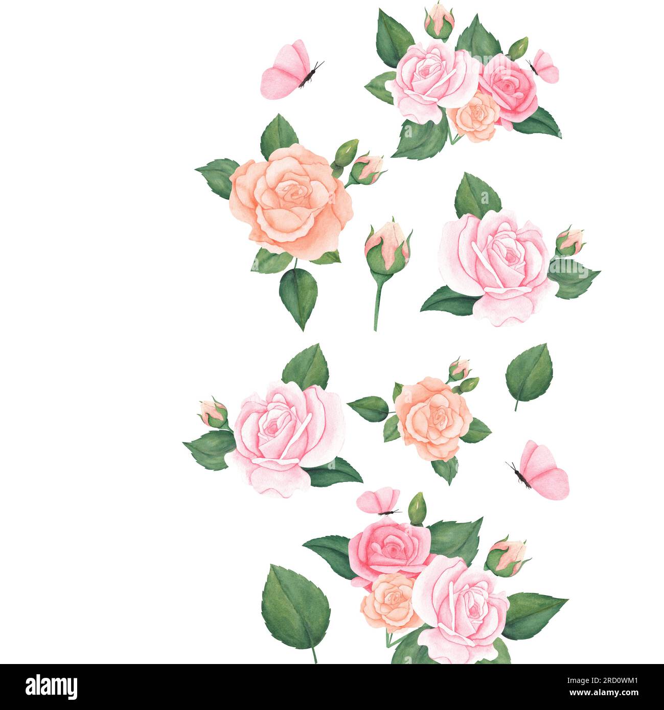watercolor border with pink peach patel flowers, leaves and butterfly ...