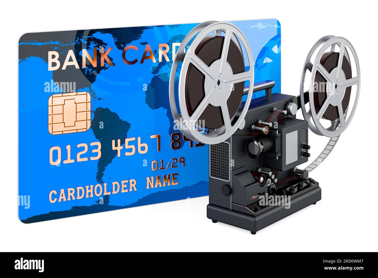 Cinema projector with credit card, 3D rendering isolated on white ...
