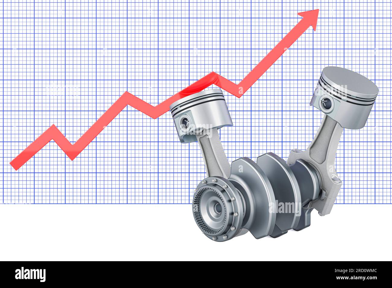 Engine pistons with growing chart, 3D rendering isolated on white ...