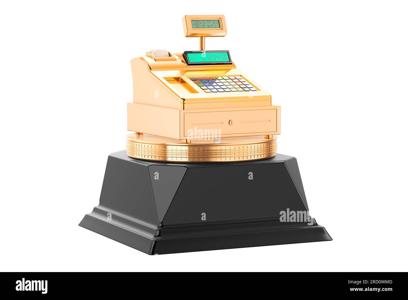 Golden Cash Register Award Trophy Pedestal. 3d Rendering isolated on ...