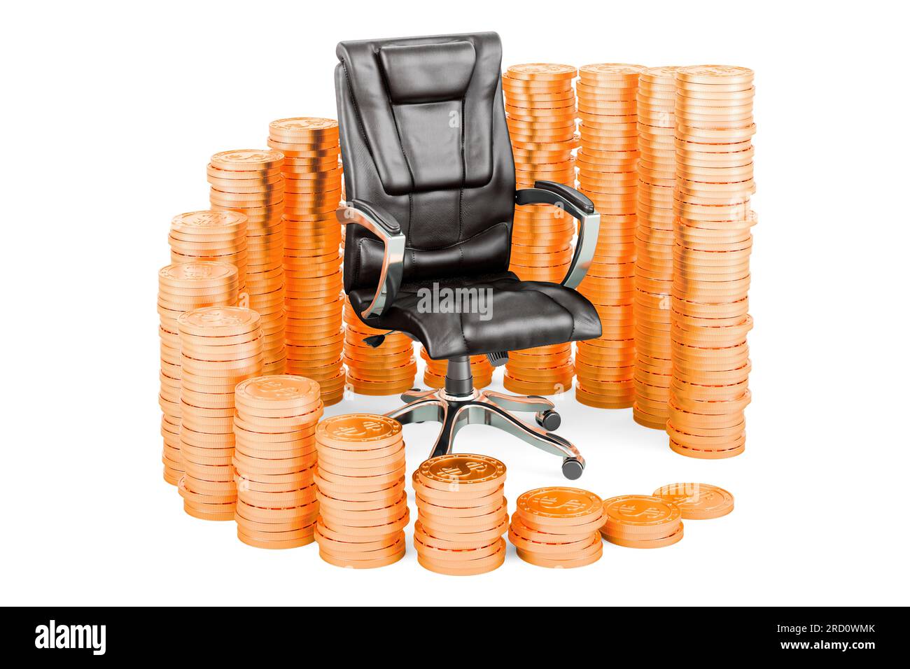 Desk chair with growing chart from gold coins around, 3D rendering ...