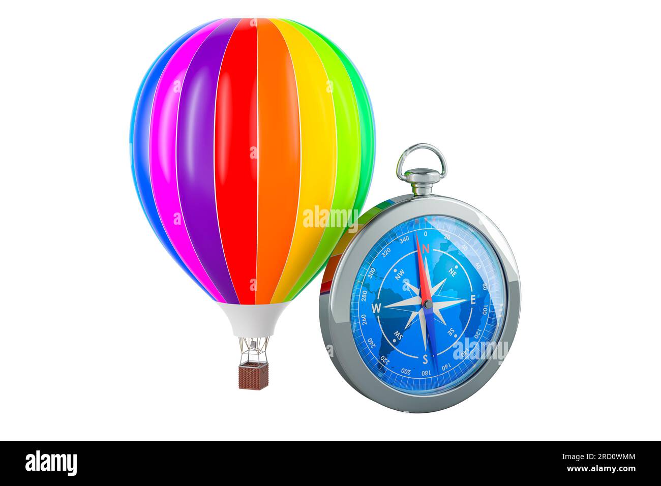 Hot air balloon with compass, 3D rendering isolated on white background ...