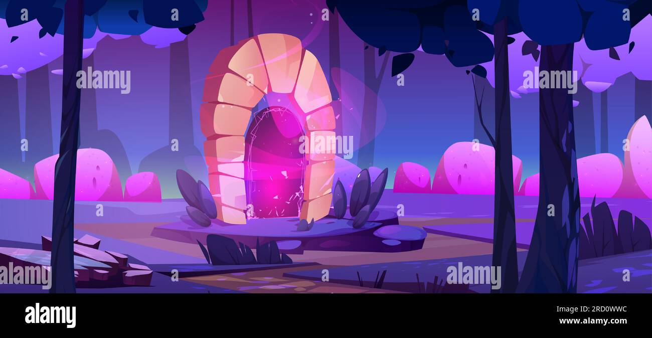 Magic portal in fantasy game forest cartoon background. Enchanted door ...