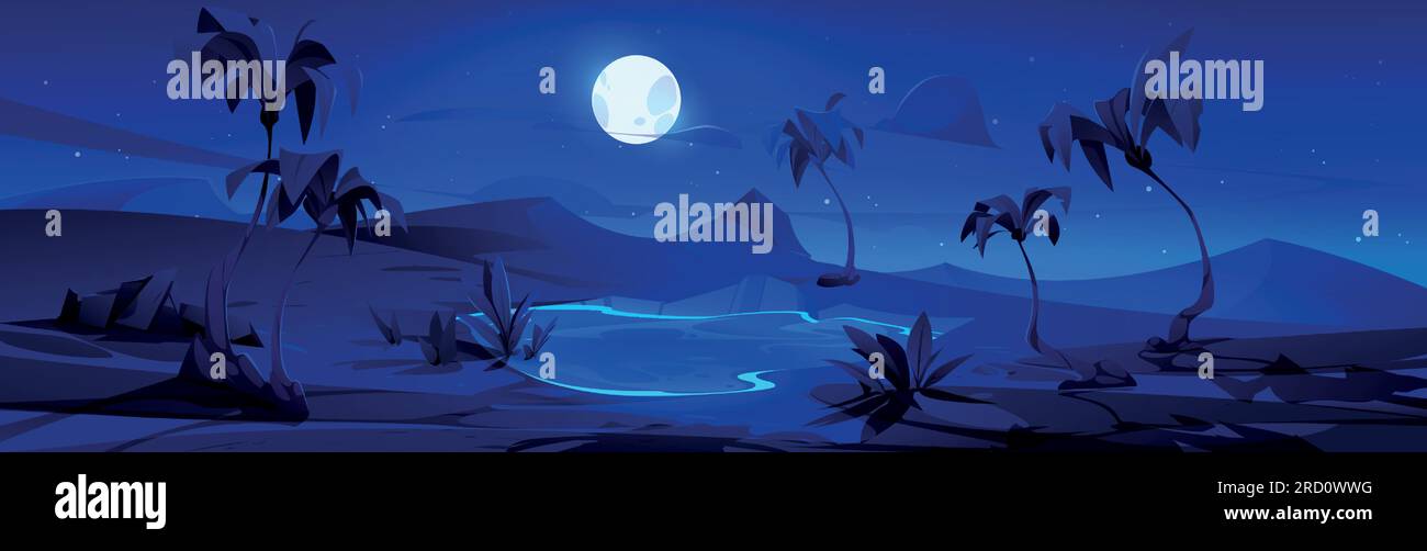 Night oasis in sahara desert vector cartoon landscape. Palm tree, lake ...