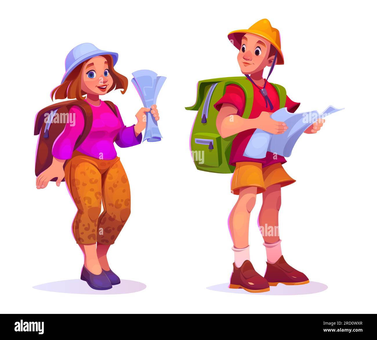 Travel tourist people character with backpack and map vector illustration. Happy man and girl ...