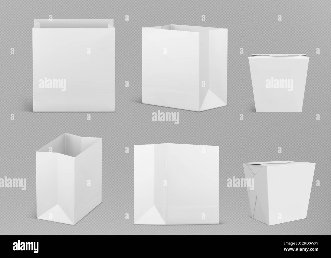 Realistic white paper bag and food container mockups isolated on ...