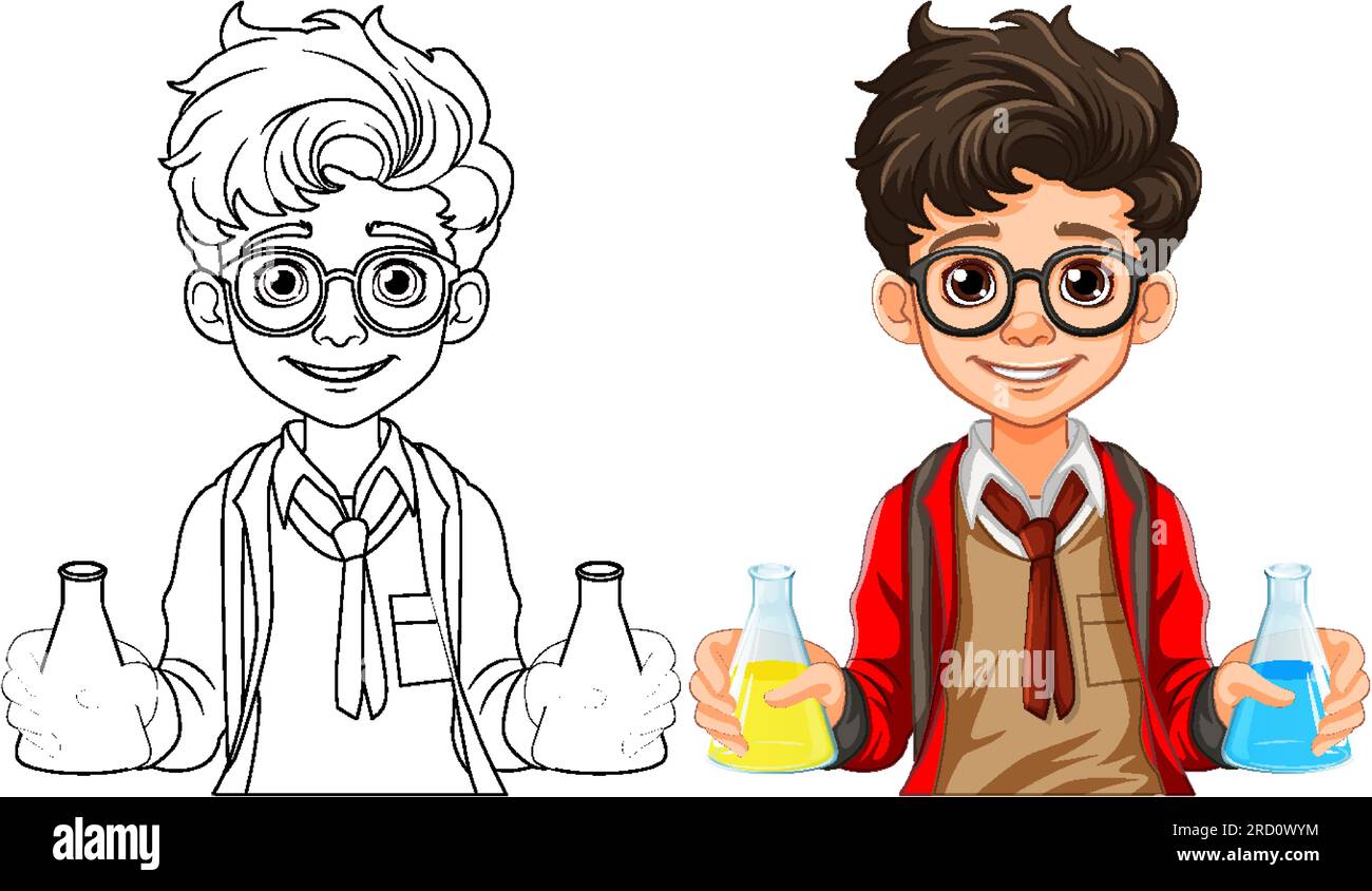 Male student cartoon holding conical flask on science class experiment ...