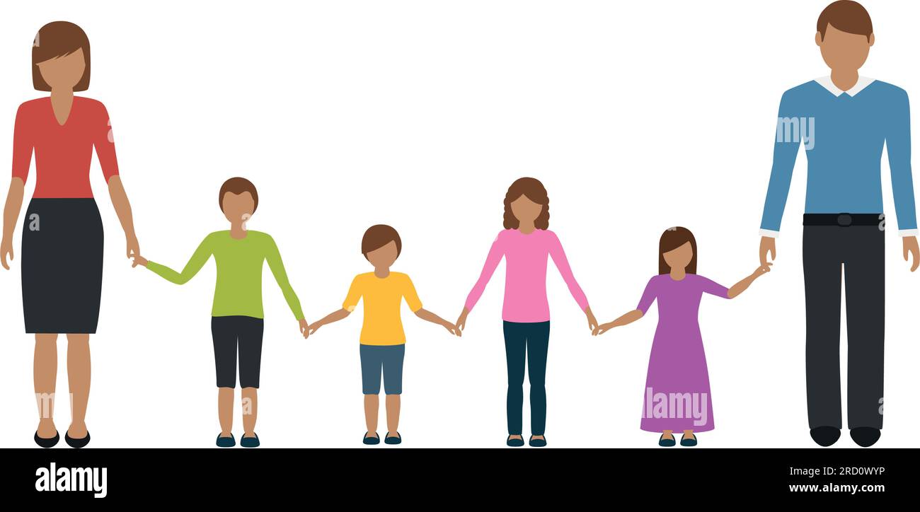 big family characters mother father and four children isolated Stock ...