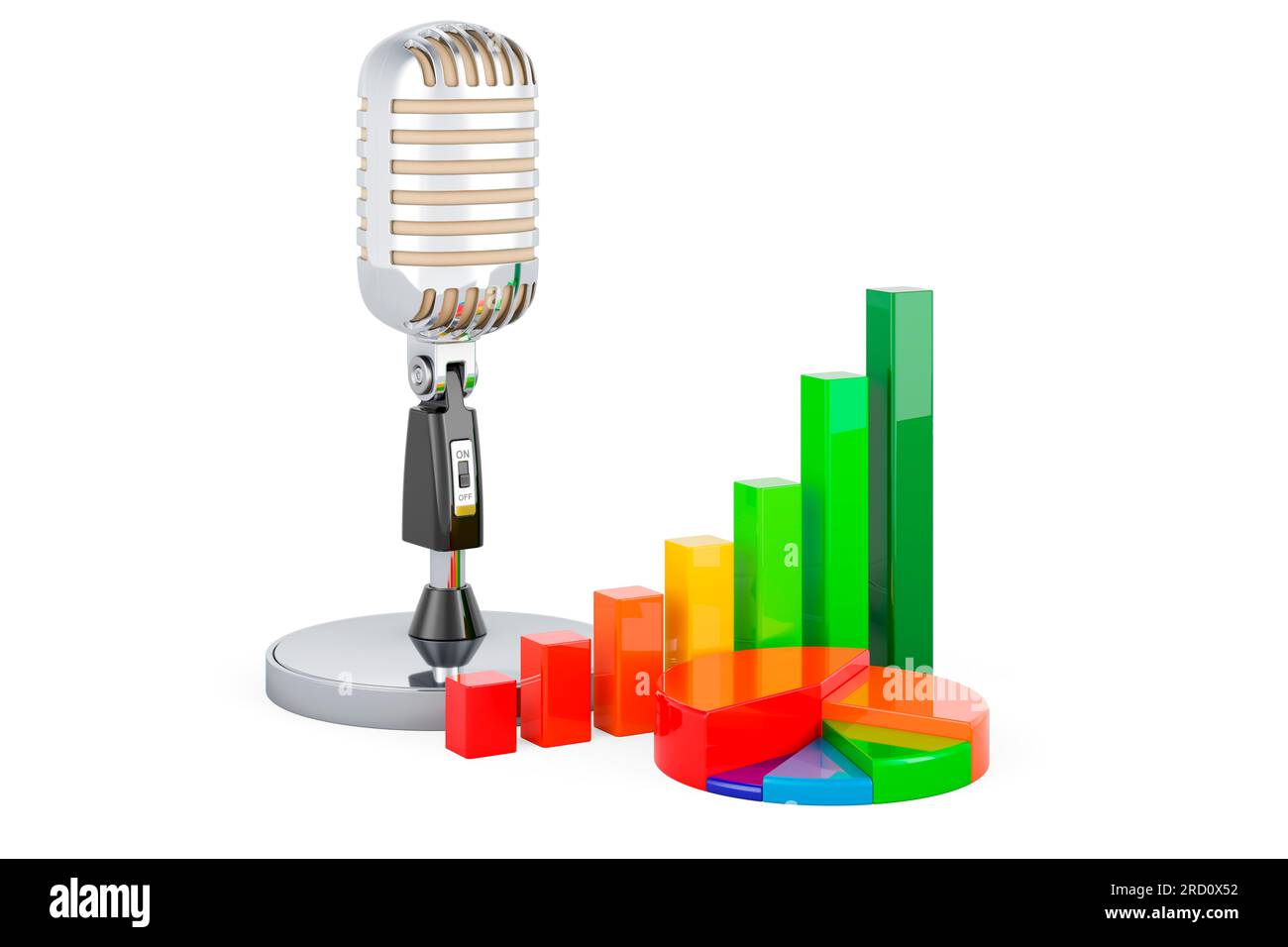 Retro microphone with growth bar graph and pie chart. 3D rendering ...