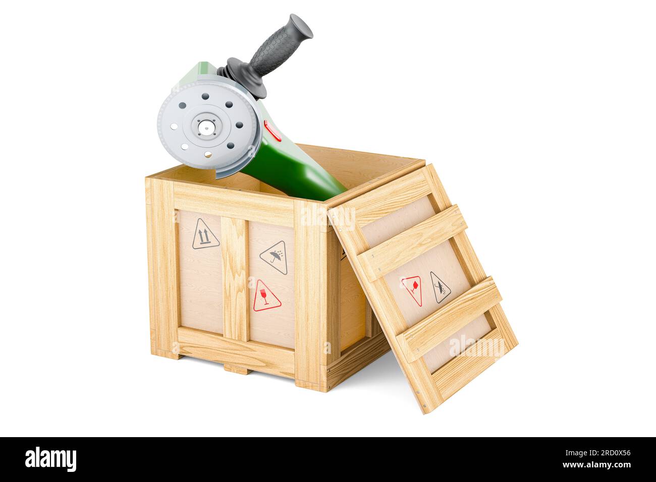 Angle grinder inside wooden box, delivery concept. 3D rendering ...