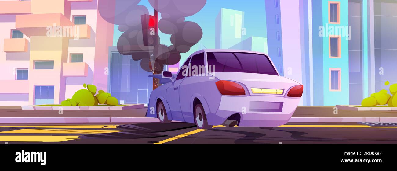 Car crash red traffic light pole on city street vector cartoon ...