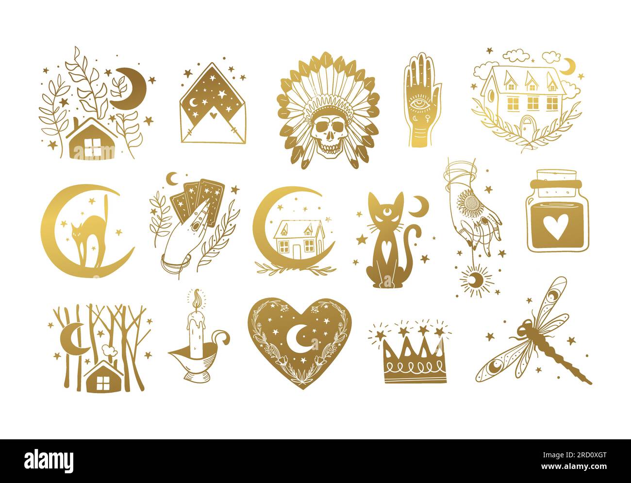 Witch gold stickers set, vintage magic boho tattoos, halloween design ...