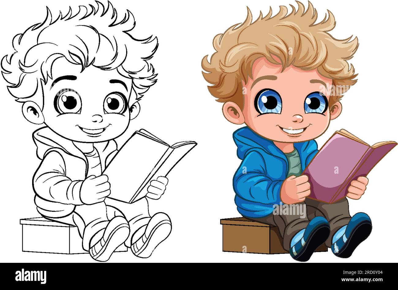 Cute Boy Reading Book Outline for Colouring illustration Stock Vector ...