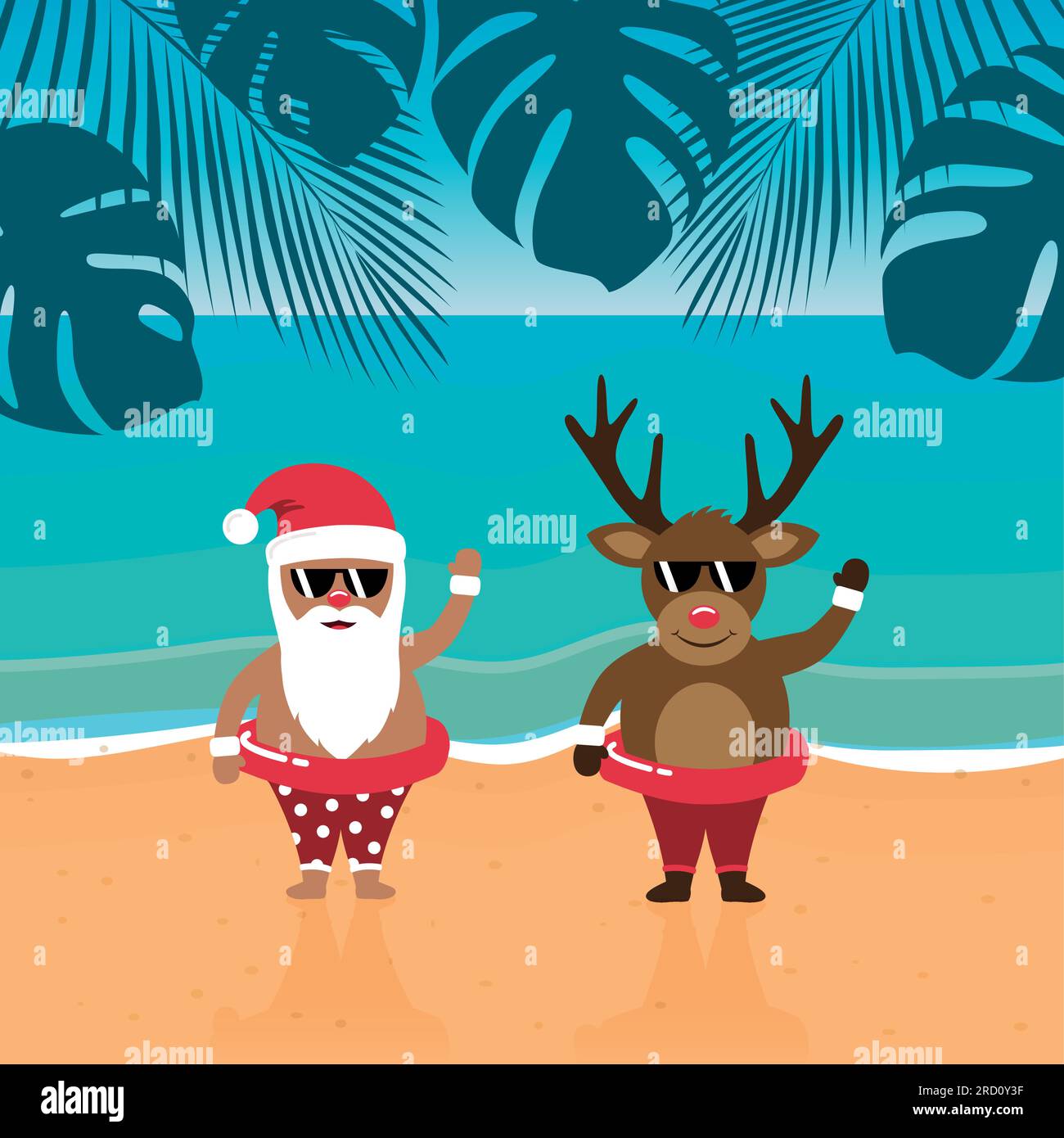 cute santa and deer with sunglasses on paradise beach summer christmas ...