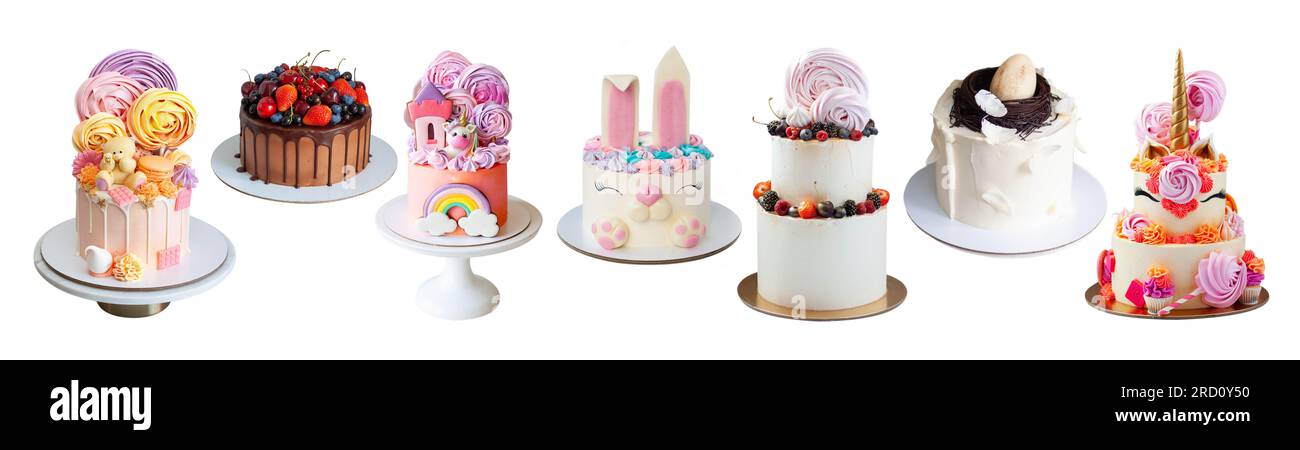 Set of different birthday cakes decorated with fresh berries, candy ...