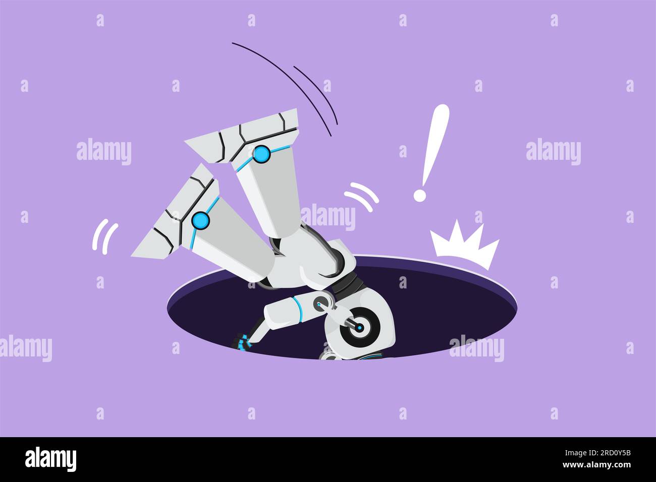 Cartoon flat style drawing robot falling into pit hole. Legs up ...