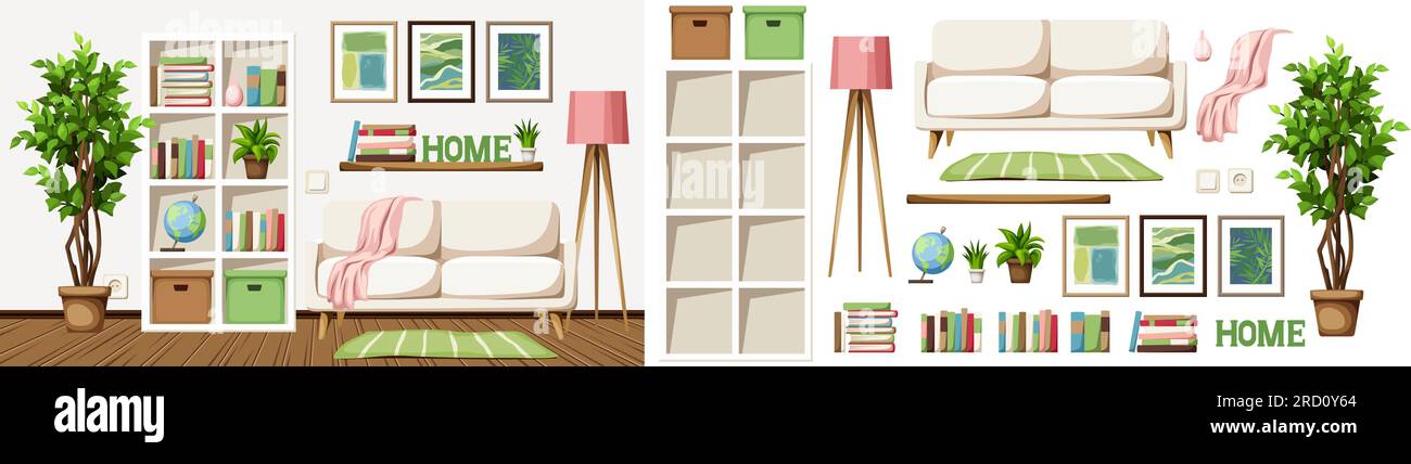 Living room interior design with a sofa, a shelving, a floor lamp, and ...