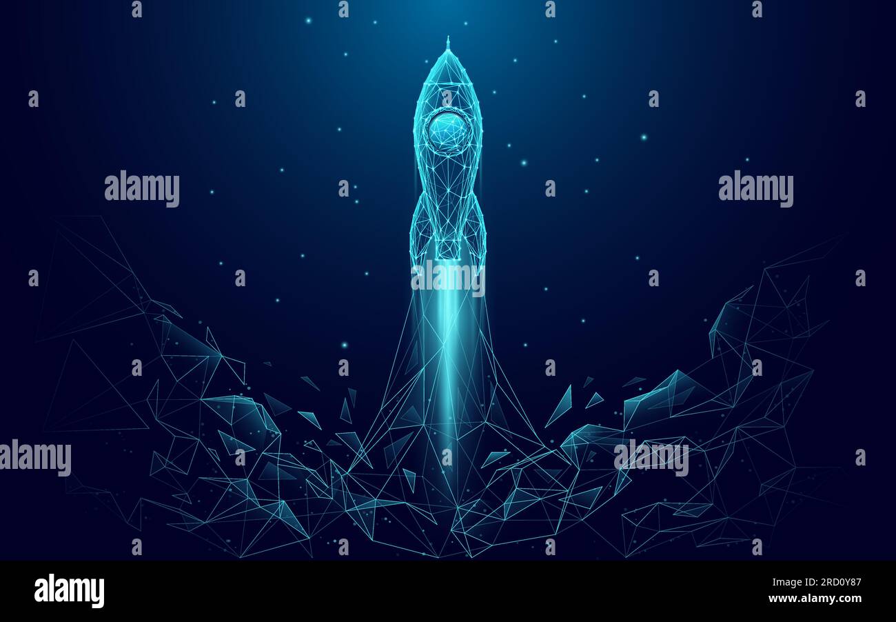 Abstract Rocket Launch. Digital Spaceship Flying Up Into Outer Space ...