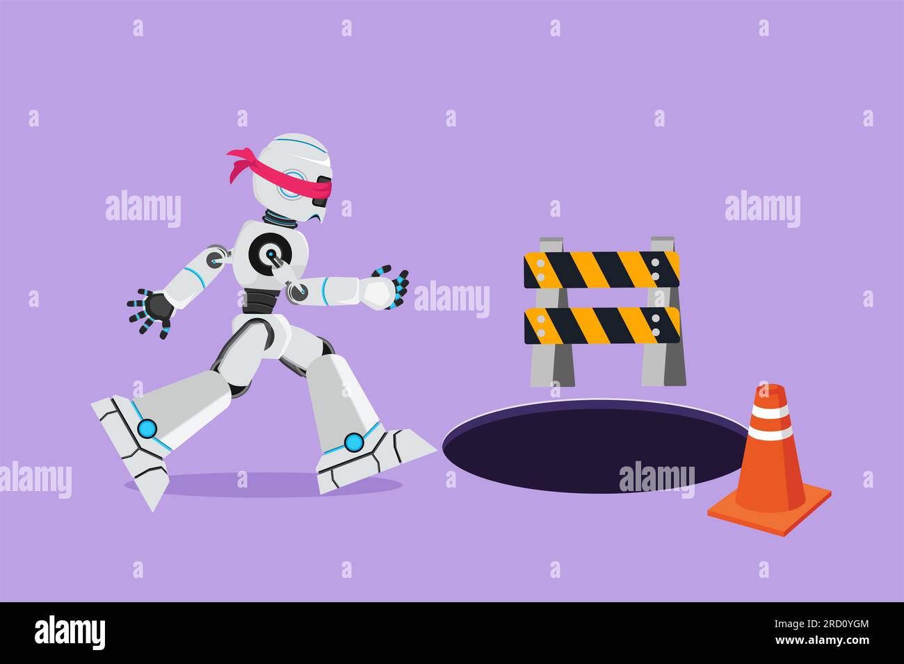 Cartoon flat style drawing blindfolded robot running to tech business ...