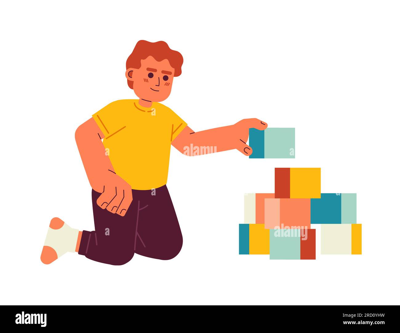 Toddler boy building pyramid cubes semi flat color vector character ...