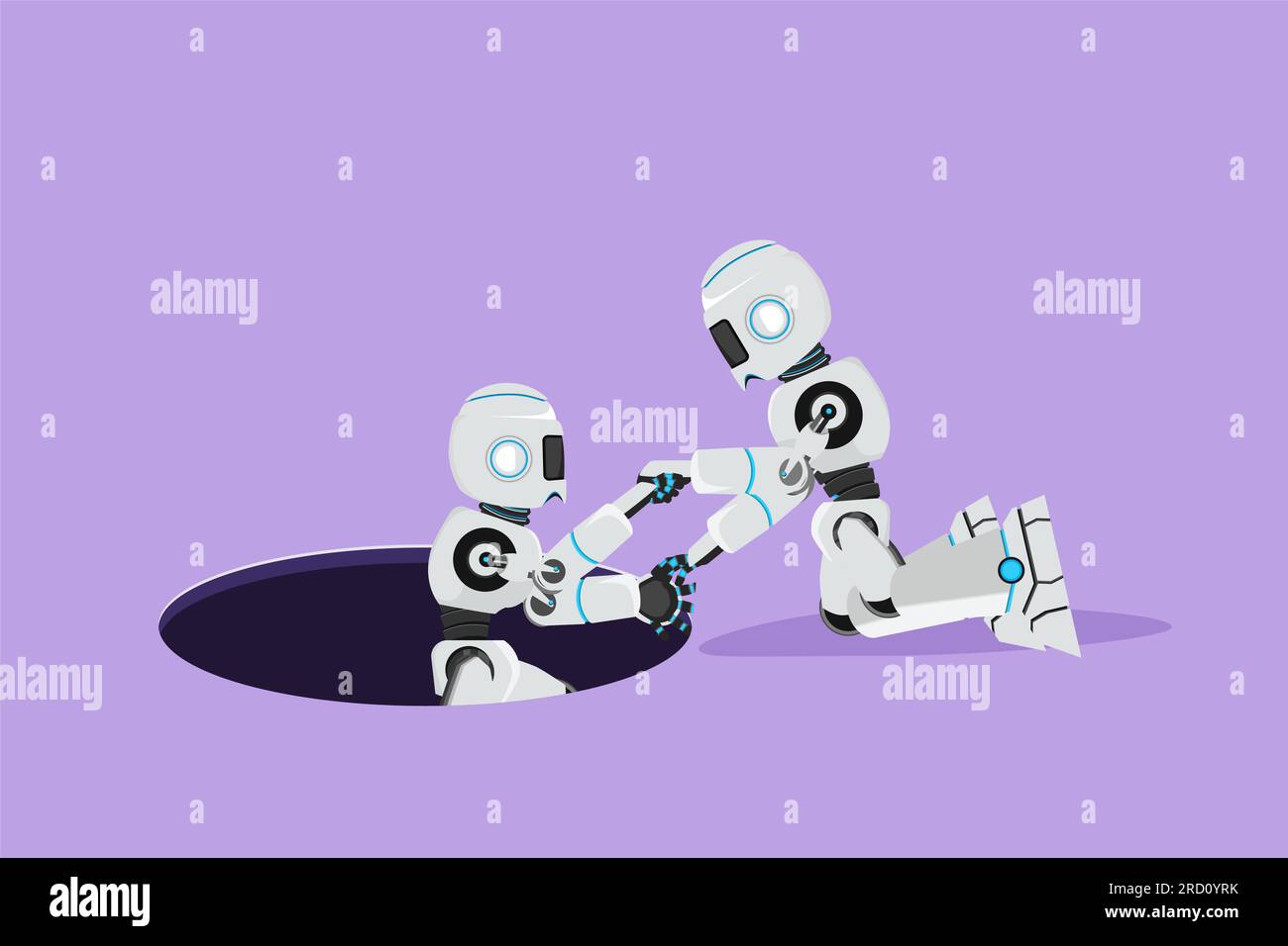 Cartoon flat style drawing robot helping his friend by take him out ...